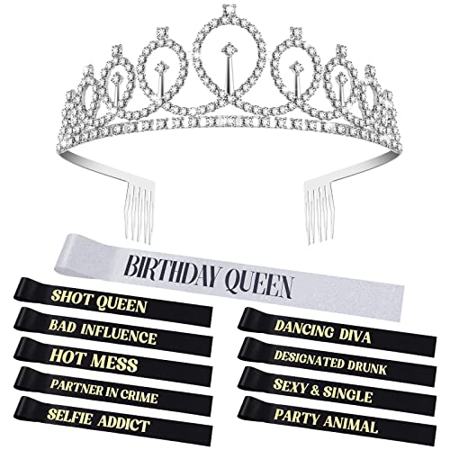 Jexine 11 Pcs Birthday Sash for Women Birthday Squad Sash and Crown Silver Rhinestone Tiara White and Black Happy Birthday Sash for Women Group Girls Birthday Party Accessories