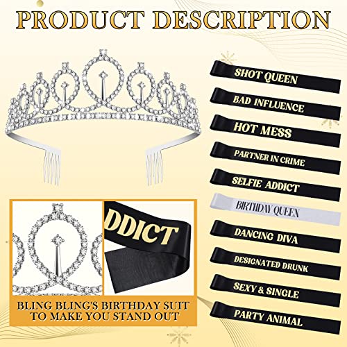 Jexine 11 Pcs Birthday Sash for Women Birthday Squad Sash and Crown Silver Rhinestone Tiara White and Black Happy Birthday Sash for Women Group Girls Birthday Party Accessories