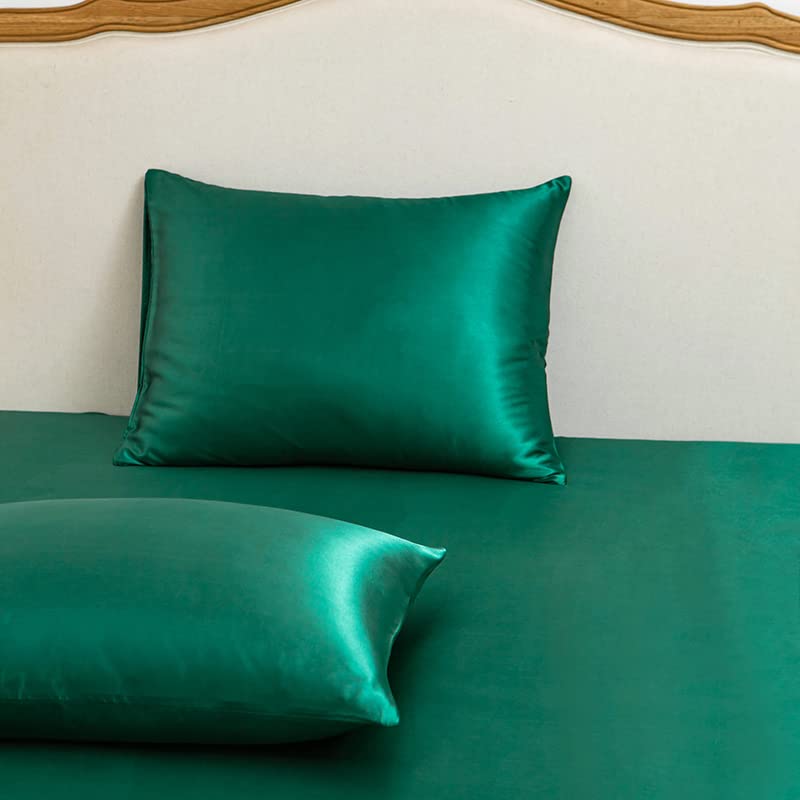 H HOUSEHOLD Satin Silk Pillowcases, Soft and Cozy, Wrinkle, Fade, Stain Resistant for Hair and Skin 2 Pack Super Soft Pillow Case with Envelope Closure (Queen, Dark Green)