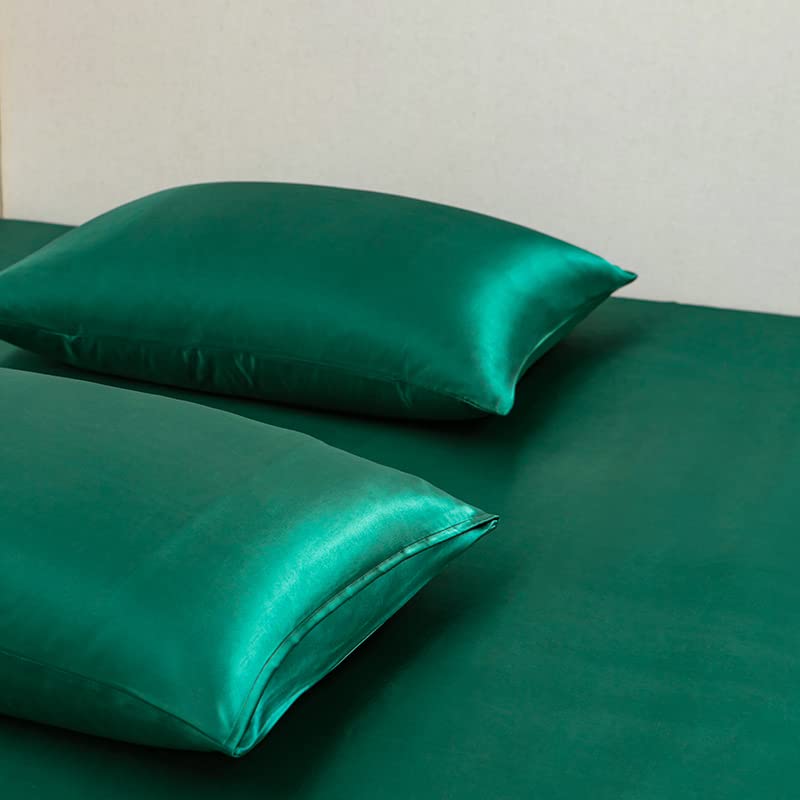 H HOUSEHOLD Satin Silk Pillowcases, Soft and Cozy, Wrinkle, Fade, Stain Resistant for Hair and Skin 2 Pack Super Soft Pillow Case with Envelope Closure (Queen, Dark Green)