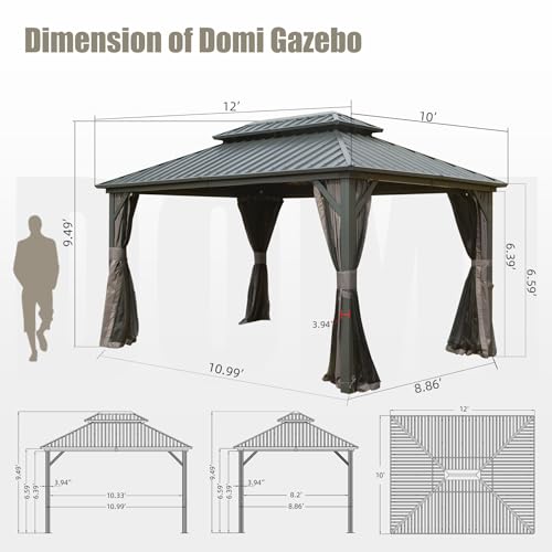 Domi 10’ X 12’ Hardtop Gazebo Canopy with Netting & Curtains, Outdoor Aluminum Gazebo with Galvanized Steel Double Roof for Patio Lawn and Garden, Gray