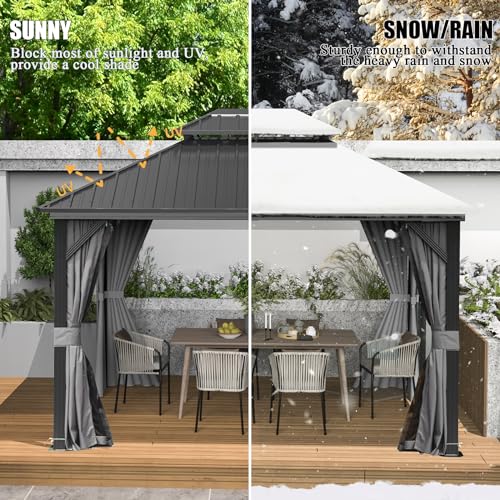 Domi 10’ X 12’ Hardtop Gazebo Canopy with Netting & Curtains, Outdoor Aluminum Gazebo with Galvanized Steel Double Roof for Patio Lawn and Garden, Gray