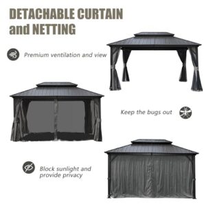 Domi 10’ X 12’ Hardtop Gazebo Canopy with Netting & Curtains, Outdoor Aluminum Gazebo with Galvanized Steel Double Roof for Patio Lawn and Garden, Gray