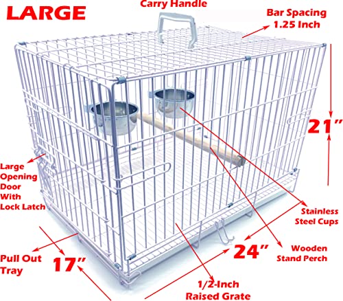 Two Size, Durable Metal Travel or Veterinary Collapsable Parrot Bird Carrier Cage (White, 24" x 16.5" x 20.5"H)