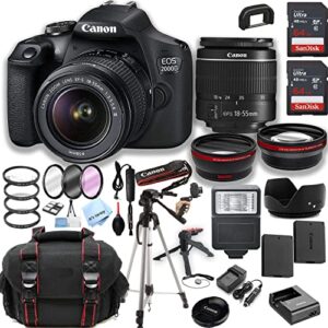 canon eos 2000d / rebel t7 dslr camera w/ef-s 18-55mm f/3.5-5.6 zoom lens + 2pcs 64gb memory + case+ tripod + steady grip pod + filters + macro + 2x lens + remote + 2x batteries + more (35pc bundle)