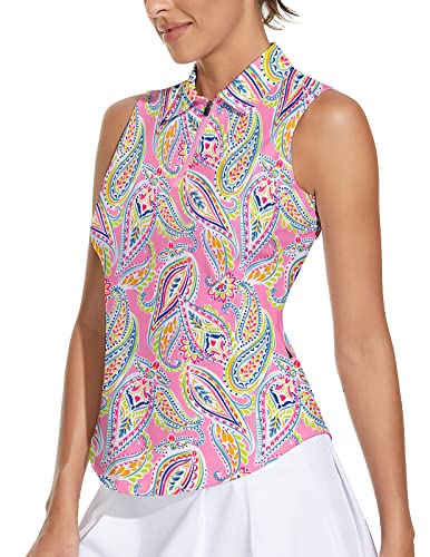 Soneven Women's Golf Shirts Sleeveless Floral Athletic Polo Shirts Moisture Wicking Tennis Shirts Paisley