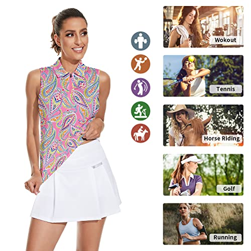 Soneven Women's Golf Shirts Sleeveless Floral Athletic Polo Shirts Moisture Wicking Tennis Shirts Paisley