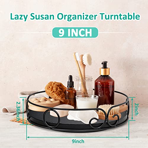 Lazy Susan Organizer Turntable 9inch, TGGDGG Lazy Susan Turntable for Cabinet Kitchen Pantry Fridge Bathroom Storage and Organization, Spice Rack -Wood, Black, 9''