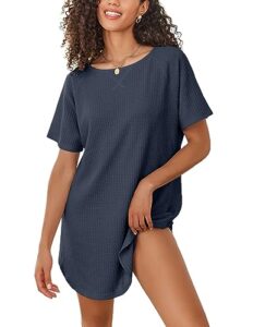 ekouaer women casual night shirt long sleeve nightgown plain round neck sleepwear bluish violet m