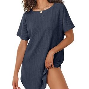 Ekouaer Women Casual Night Shirt Long Sleeve Nightgown Plain Round Neck Sleepwear Bluish Violet M