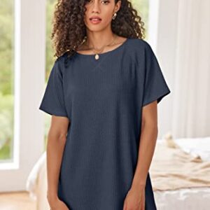 Ekouaer Women Casual Night Shirt Long Sleeve Nightgown Plain Round Neck Sleepwear Bluish Violet M