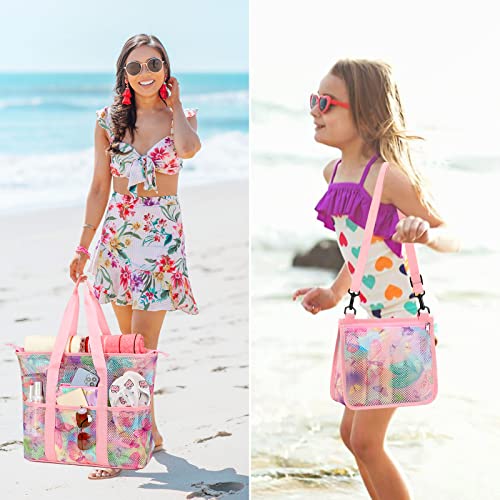 CAMTOP Mesh Beach Tote Bag with Kid Beach Toy Shell Crossbody Purse Women Pool Swim Bags For Family Beach Cruise Vacation Essentials(2 Piece Set,Butterfly)