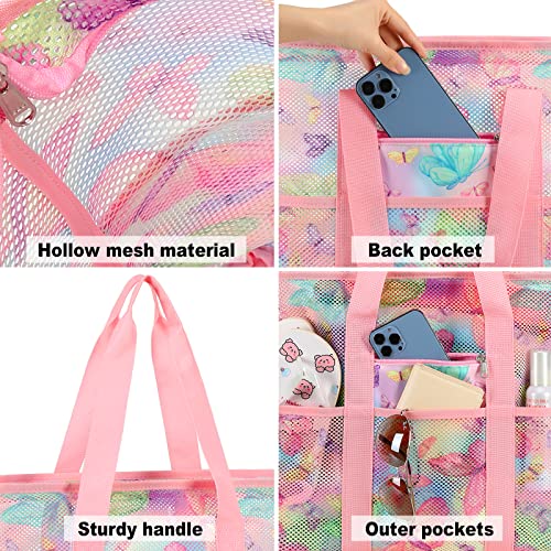 CAMTOP Mesh Beach Tote Bag with Kid Beach Toy Shell Crossbody Purse Women Pool Swim Bags For Family Beach Cruise Vacation Essentials(2 Piece Set,Butterfly)