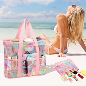 CAMTOP Mesh Beach Tote Bag with Kid Beach Toy Shell Crossbody Purse Women Pool Swim Bags For Family Beach Cruise Vacation Essentials(2 Piece Set,Butterfly)