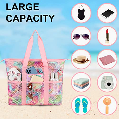 CAMTOP Mesh Beach Tote Bag with Kid Beach Toy Shell Crossbody Purse Women Pool Swim Bags For Family Beach Cruise Vacation Essentials(2 Piece Set,Butterfly)