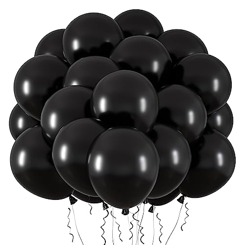 RUBFAC 65pcs Black Latex Balloons, 12 Inches Helium Party Balloons with Ribbon for Wedding, Birthday, Graduation, Baby Shower, Bridal Shower, Anniversary Arch Garland Decoration