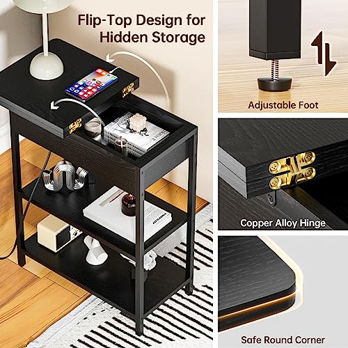 HOUIT End Table with Charging Station, Narrow Flip Top Side Table with USB Ports and Outlets, Nightstand with Storage for Small Spaces, Bedside Tables for Living Room, Bedroom - Black