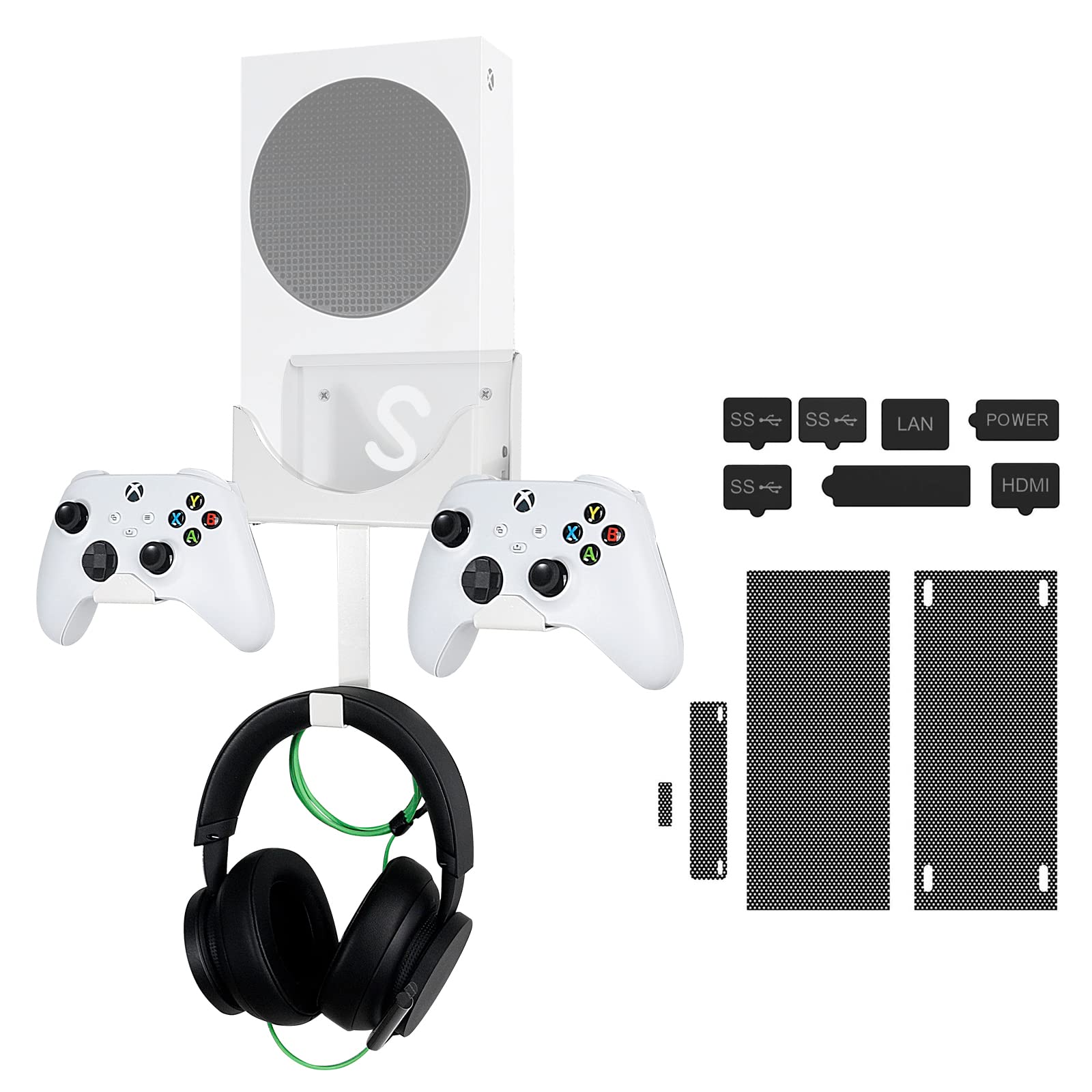 Wall Mount for XBOX Series S, XBOX Series S Wall Mount Kit, with Detachable Controller Holder & Headphone Hanger & Dust Plugs Net kits, Metal Stand for XBOX Series S (NOT FOR XBOX ONE S)