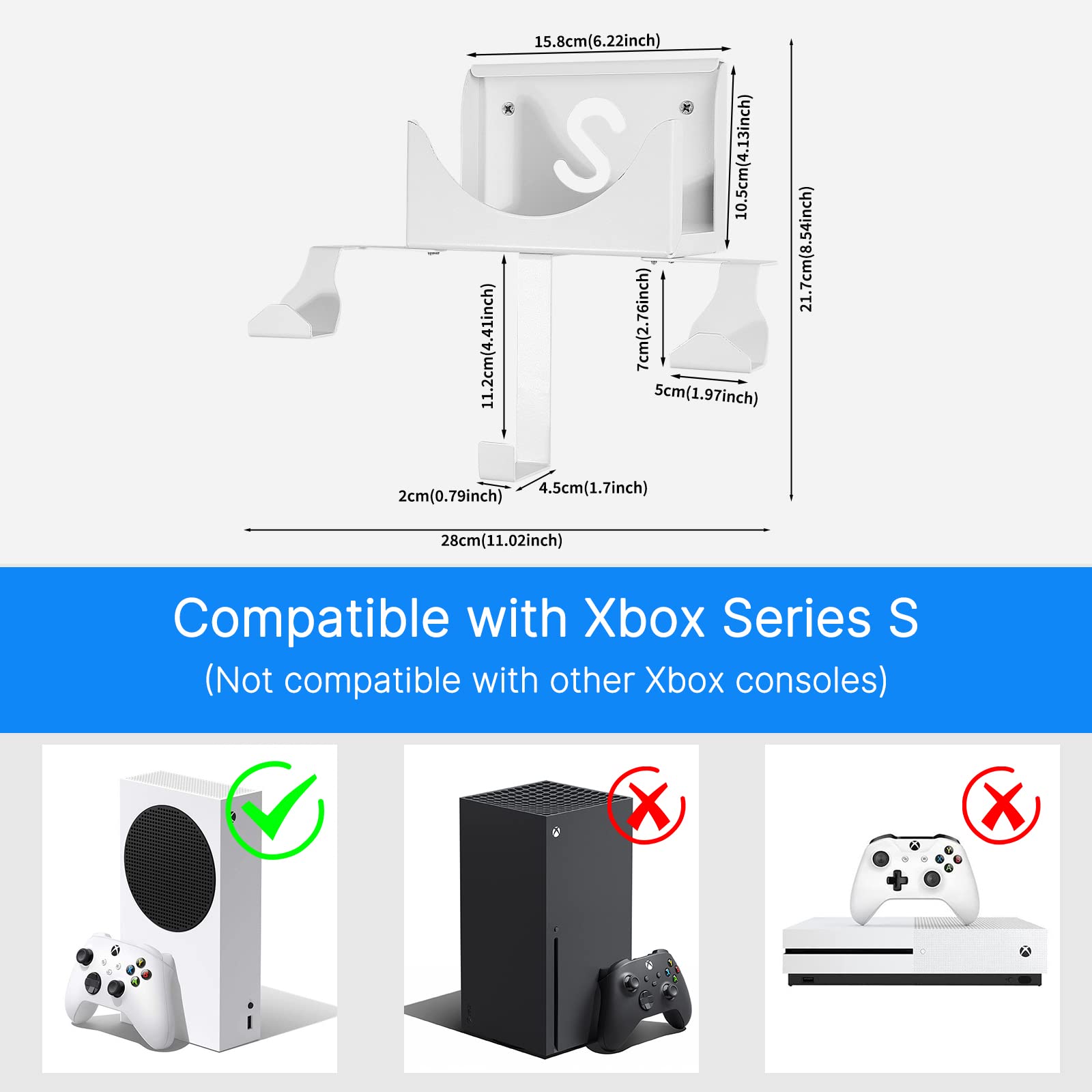 Wall Mount for XBOX Series S, XBOX Series S Wall Mount Kit, with Detachable Controller Holder & Headphone Hanger & Dust Plugs Net kits, Metal Stand for XBOX Series S (NOT FOR XBOX ONE S)