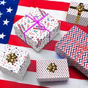 ZINTBIAL Birthday Wrapping Paper for Kids Adults - Gift Wrap with American Theme Stars, Stripes, Chevron and "Happy Birthday" Design - 20 x 29 Inches per Sheet (8 Sheets 33 sq. ft.) Recyclable, Easy to Store, Not Rolled