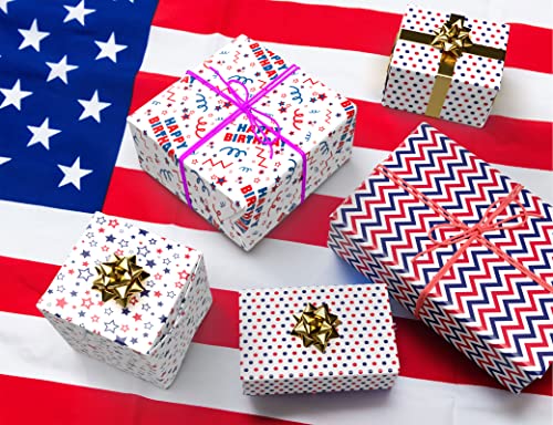 ZINTBIAL Birthday Wrapping Paper for Kids Adults - Gift Wrap with American Theme Stars, Stripes, Chevron and "Happy Birthday" Design - 20 x 29 Inches per Sheet (8 Sheets 33 sq. ft.) Recyclable, Easy to Store, Not Rolled