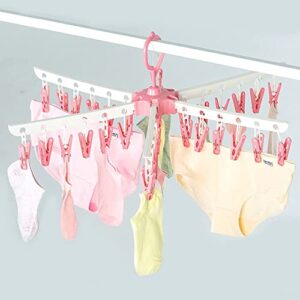 Radefaun Clip and Drip Hanger with 36 Clips Plastic Swivel Hook Portable Folding Drying Rack Baby Clothes Hanger Foldable Travel Accessories for Socks Bras Lingerie Towels Underwear Gloves Pink