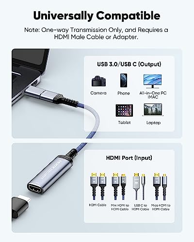 HDMI Video Capture Card, Highwings Cam Link 4K HDMI to 1080P 60FPS USB 3.0/C Video Record Capture Device, USB Video Capture for Streaming Recording Teaching Gaming Switch PS5/4 Xbox OBS PC, Grey