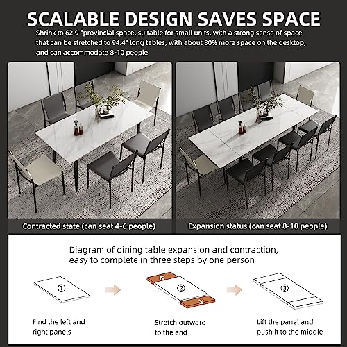 Luck Live 62.9'' to 94.4'' Extendable Dining Tables for 4 to 8 - New sintered Stone Material Rectangle Dining Table -High Hardness，White, Easy