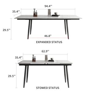 Luck Live 62.9'' to 94.4'' Extendable Dining Tables for 4 to 8 - New sintered Stone Material Rectangle Dining Table -High Hardness，White, Easy