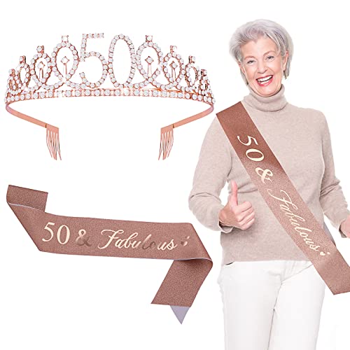 WLLHYF 50th Birthday Queen Sash 50th Rhinestone Tiara Set Birthday Crowns 50th Birthday Decorations Crystal Hair Band Happy Birthday Accessories for Women