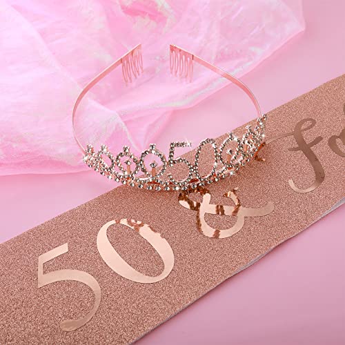 WLLHYF 50th Birthday Queen Sash 50th Rhinestone Tiara Set Birthday Crowns 50th Birthday Decorations Crystal Hair Band Happy Birthday Accessories for Women