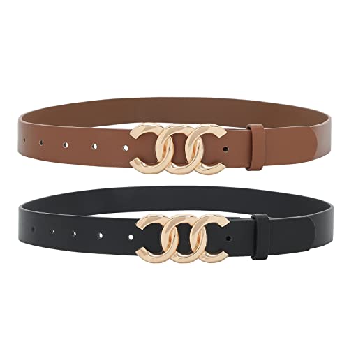 Earnda 2 Pack Women Belts for Jeans Dresses Fashion Gold Buckle Ladies Waist Belt Faux Leather Brown and Black Large 34-37