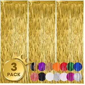 voircoloria 3 pack 3.3x8.2 feet gold foil fringe backdrop curtains, tinsel streamers birthday party decorations, fringe backdrop for graduation, baby shower, gender reveal, disco party