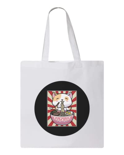 JAPANESE CAT RAMEN BOWL ANIME DESIGN, Reusable Tote Bag, Lightweight Grocery Shopping Cloth Bag, 13” x 14” with 20” Handles