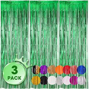 voircoloria 3 pack 3.3x8.2 feet green foil fringe backdrop curtains, tinsel streamers birthday party decorations, fringe backdrop for graduation, baby shower, gender reveal, disco party