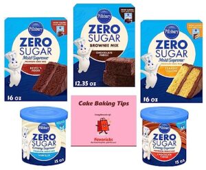 pillsbury zero sugar dessert mixes bundle includes sugar free brownie, devil's food and yellow cake mixes and vanilla and chocolate fudge frostings plus favoricks cake baking tips card