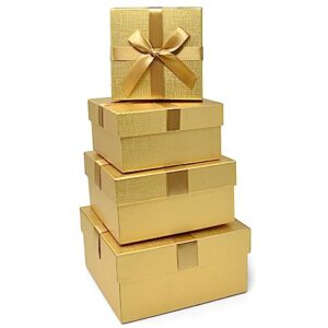 Set Of 4 Gold Square Gift Boxes with Ribbon Bow Assorted Sizes Nesting Christmas Box Durable Cardboard Reusable for Wrapping Gifts Holiday Wedding Present Bridesmaid Bridal and Baby Shower Anniversary