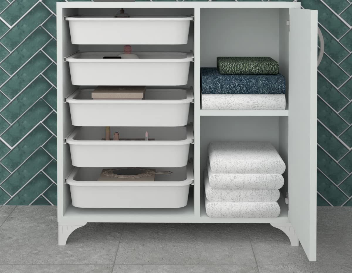 Dresser Closet Organizer and Storage Bins Drawer Toy Storage Chest Shelves Shoe Cabinet Rack Bookshelf Bathroom Office Kitchen Pantry Organizer Garage Organization (White, 5 Basket with Door)