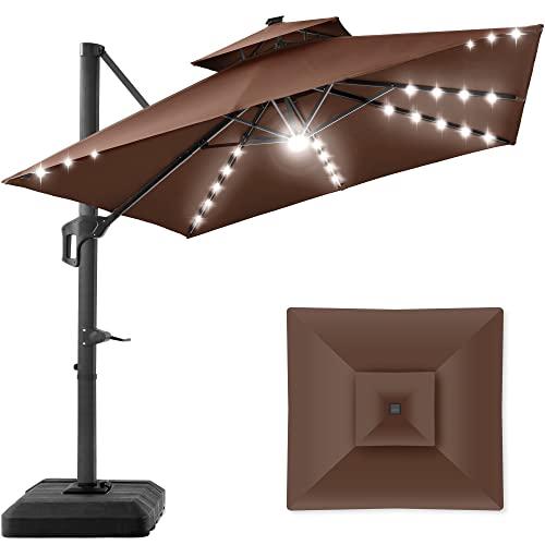 Best Choice Products 10x10ft 2-Tier Square Cantilever Patio Umbrella with Solar LED Lights, Offset Hanging Outdoor Sun Shade for Backyard w/Included Fillable Base, 360 Rotation - Brown