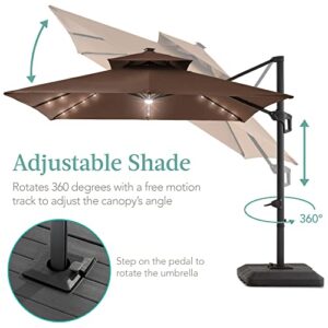 Best Choice Products 10x10ft 2-Tier Square Cantilever Patio Umbrella with Solar LED Lights, Offset Hanging Outdoor Sun Shade for Backyard w/Included Fillable Base, 360 Rotation - Brown