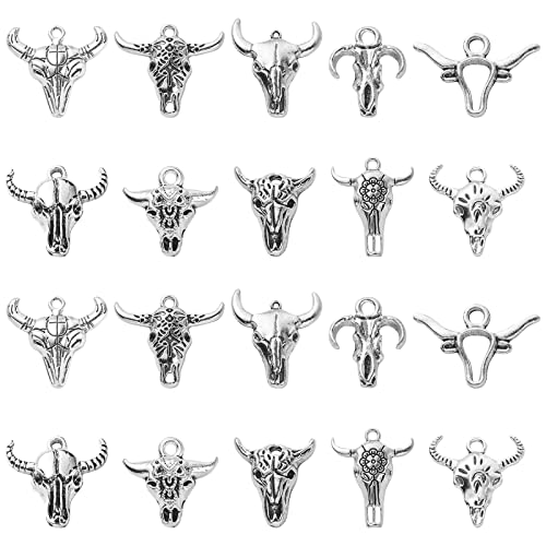 KitBeads 100pcs Tibetan Cattle Head Charms Mixed Styles Cattle Skull Charms Antique Silver Animal Skull Cow Bull Head Charms for Jewelry Making Bulk