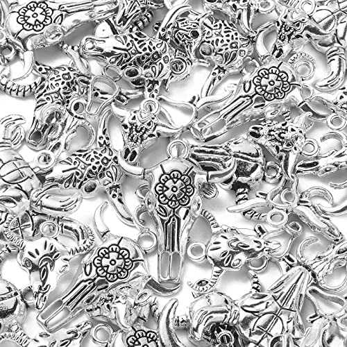 KitBeads 100pcs Tibetan Cattle Head Charms Mixed Styles Cattle Skull Charms Antique Silver Animal Skull Cow Bull Head Charms for Jewelry Making Bulk