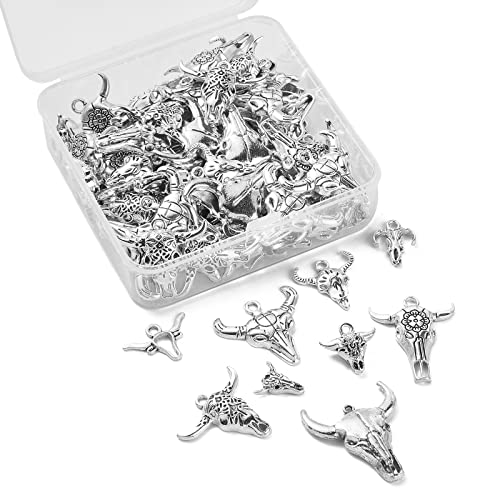 KitBeads 100pcs Tibetan Cattle Head Charms Mixed Styles Cattle Skull Charms Antique Silver Animal Skull Cow Bull Head Charms for Jewelry Making Bulk