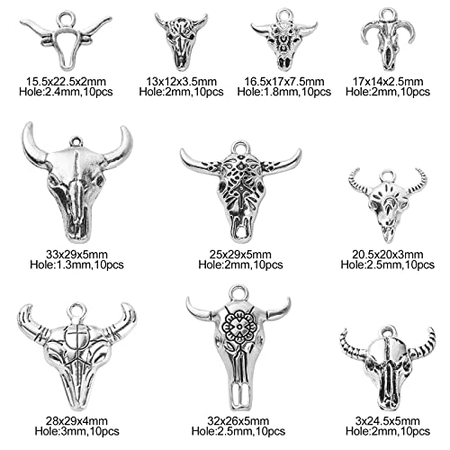 KitBeads 100pcs Tibetan Cattle Head Charms Mixed Styles Cattle Skull Charms Antique Silver Animal Skull Cow Bull Head Charms for Jewelry Making Bulk