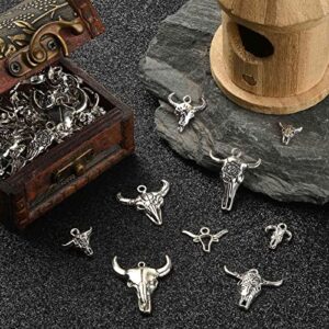 KitBeads 100pcs Tibetan Cattle Head Charms Mixed Styles Cattle Skull Charms Antique Silver Animal Skull Cow Bull Head Charms for Jewelry Making Bulk