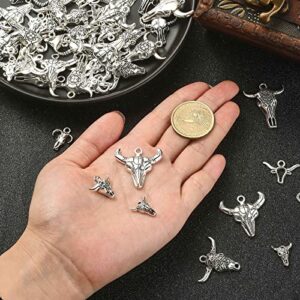 KitBeads 100pcs Tibetan Cattle Head Charms Mixed Styles Cattle Skull Charms Antique Silver Animal Skull Cow Bull Head Charms for Jewelry Making Bulk