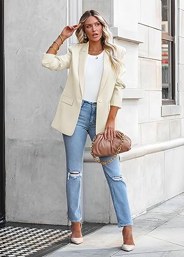 LCRRRN Womens Business Casual Loose Blazers Long Sleeve Pockets Work Professional Jacket Blazer Suit (L, Off White)