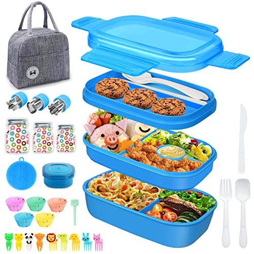 LEITAO 29 Packs Bento Box Kids Adult Lunch Box Container, 1900ML 3 Layer Stackable Lunch Box for Adults/Kids, Multiple Compartments Bento Box With Built-in Utensil Set, DIY Accessories, Bags (Black)