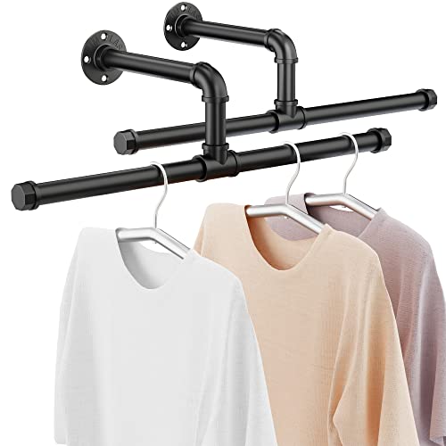 FANHAO Industrial Pipe Clothes Rack, Heavy Duty Rustic Detachable Wall Mounted Clothing Rack Black Iron Garment Bar, Multi-purpose Hanging Rod for Closet Storage, 2 Pack