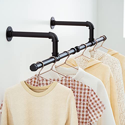 FANHAO Industrial Pipe Clothes Rack, Heavy Duty Rustic Detachable Wall Mounted Clothing Rack Black Iron Garment Bar, Multi-purpose Hanging Rod for Closet Storage, 2 Pack